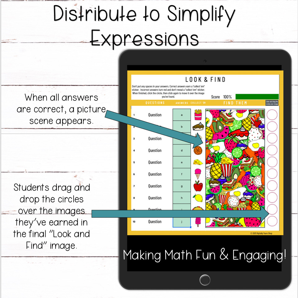 Distribute to Simplify Expressions Digital Look and Find