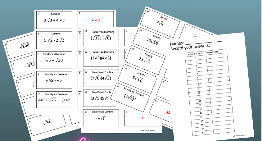 Simplifying Radicals Matching Activity