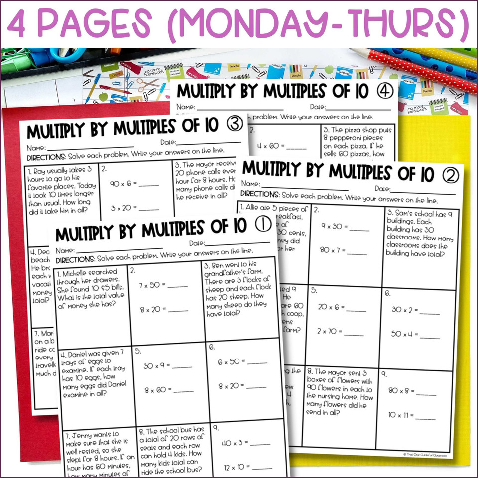 3rd Grade Multiplying by Multiples of 10 Math Homework Worksheets