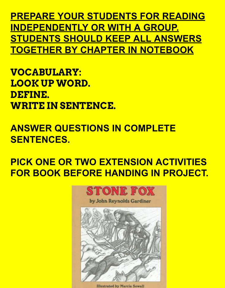 STONE FOX BY JOHN REYNOLDS GARDINER: READING LESSONS & ACTIVITIES UNIT