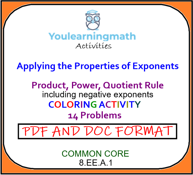 COLORING ACTIVITY: Applying the Properties of Exponents (14 problems ...
