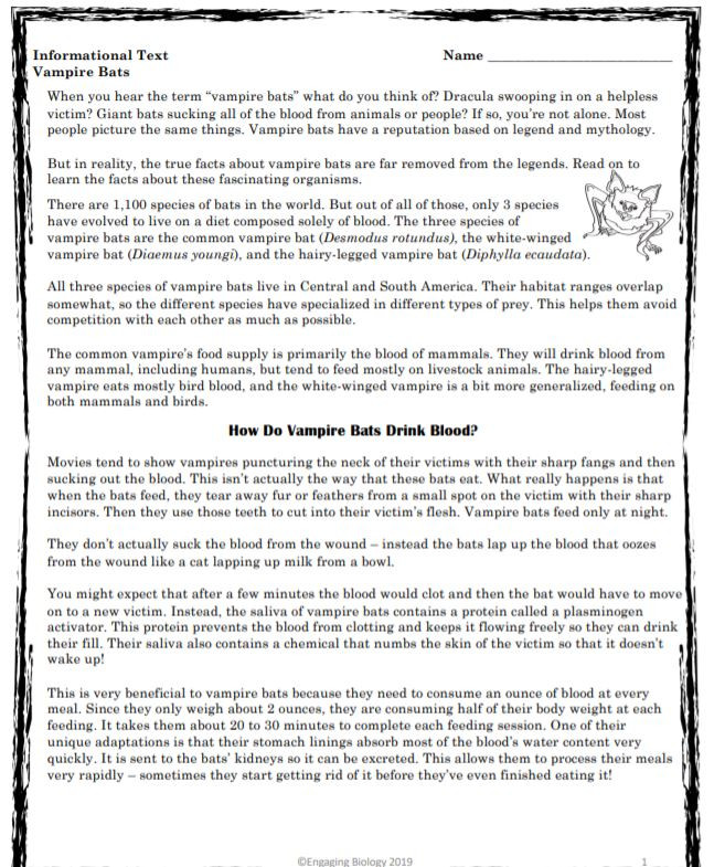 Vampire Bats - Informational Text and Activity - Amped Up Learning