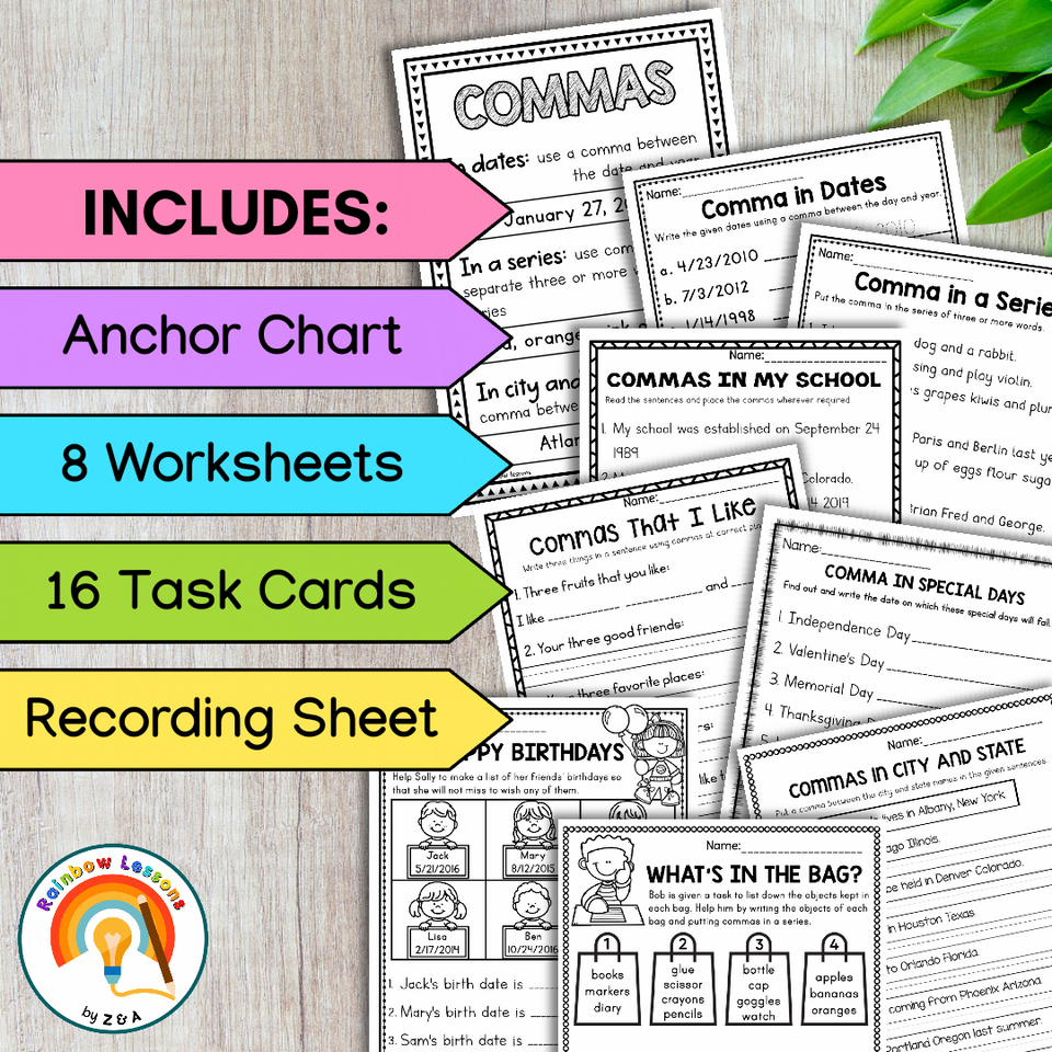 Commas in Dates Worksheet | Commas in a Series Worksheet | Commas Task ...