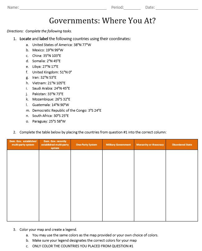 Governments: Where You At? A Government Systems Worksheet Activity ...