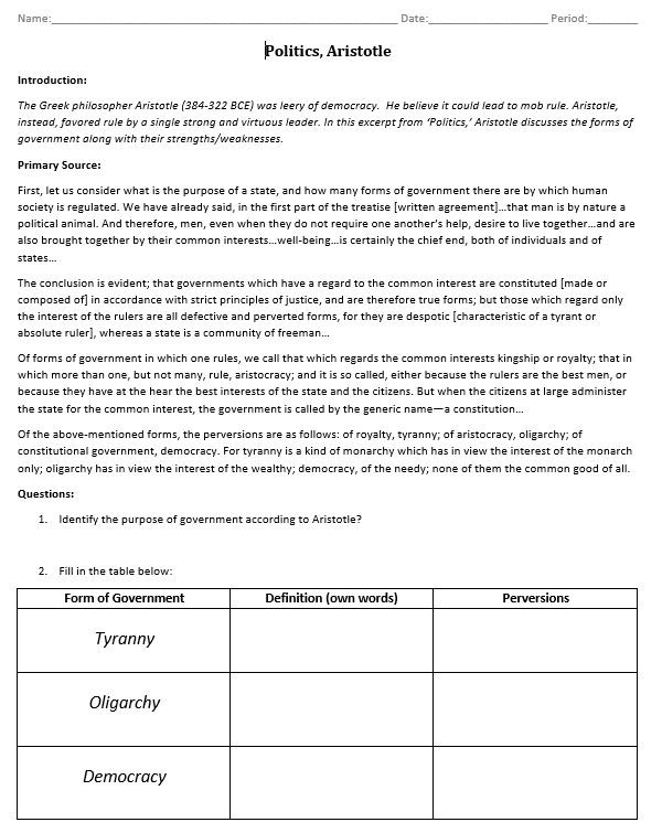 Primary Source Reading: Politics by Aristotle - Amped Up Learning
