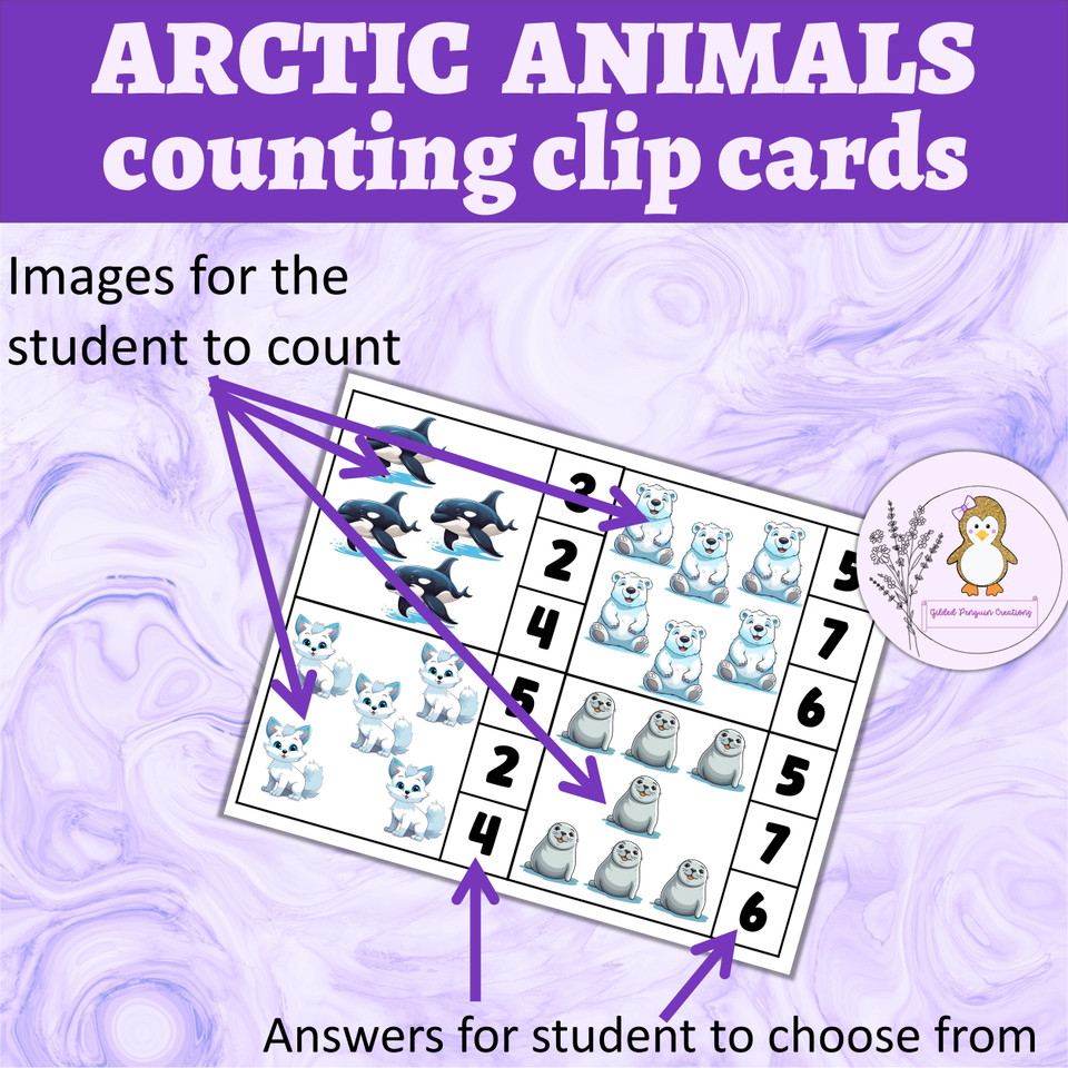 Arctic Animals Counting Clip Cards to Learn Numbers Counting to 10 Math