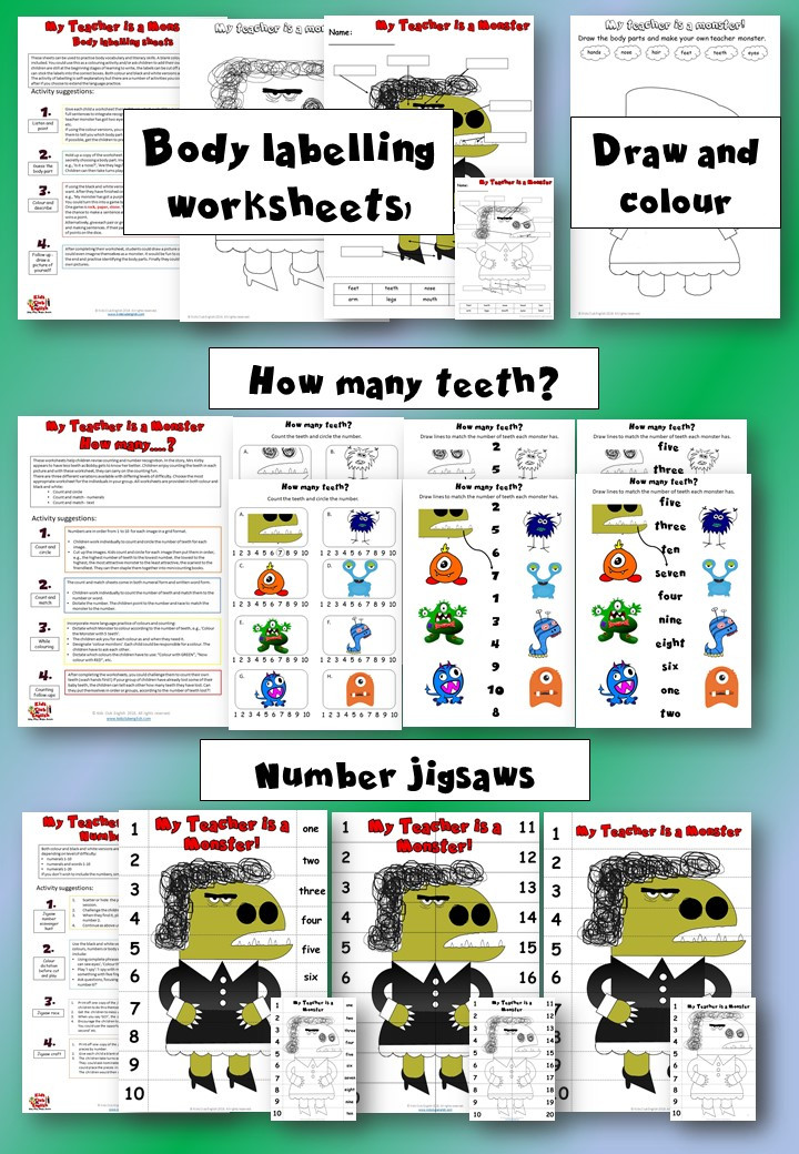 My Teacher is a Monster Activity Pack - School, Body, Colors and ...