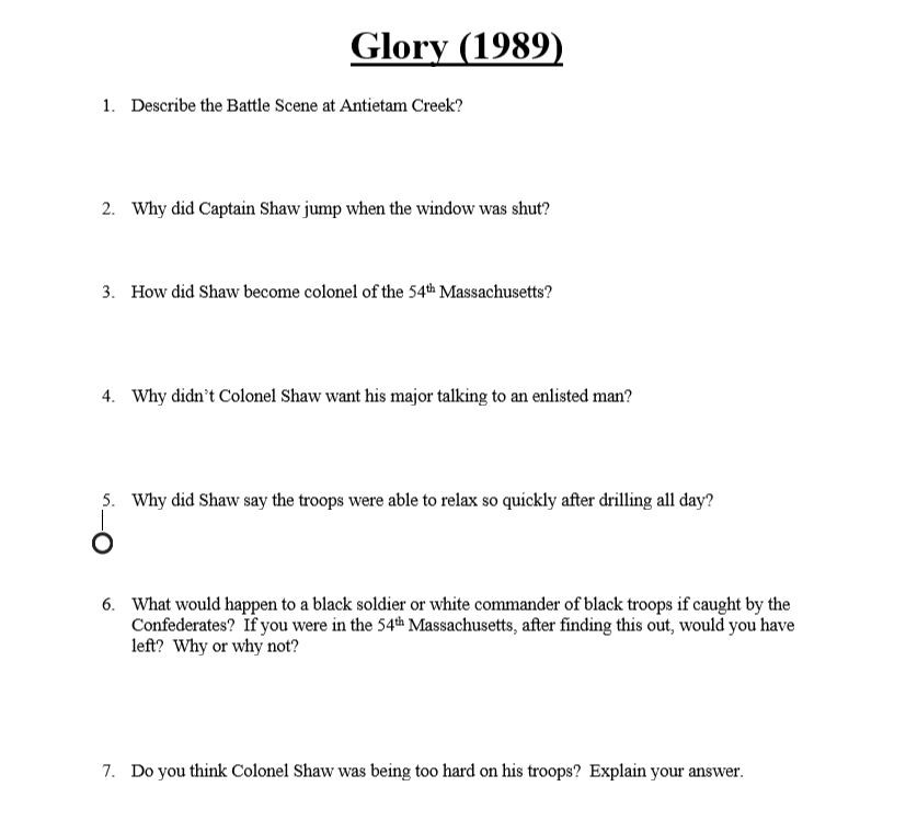 Civil War: Glory Movie Questions and Answer Key - 54th Massachusetts ...