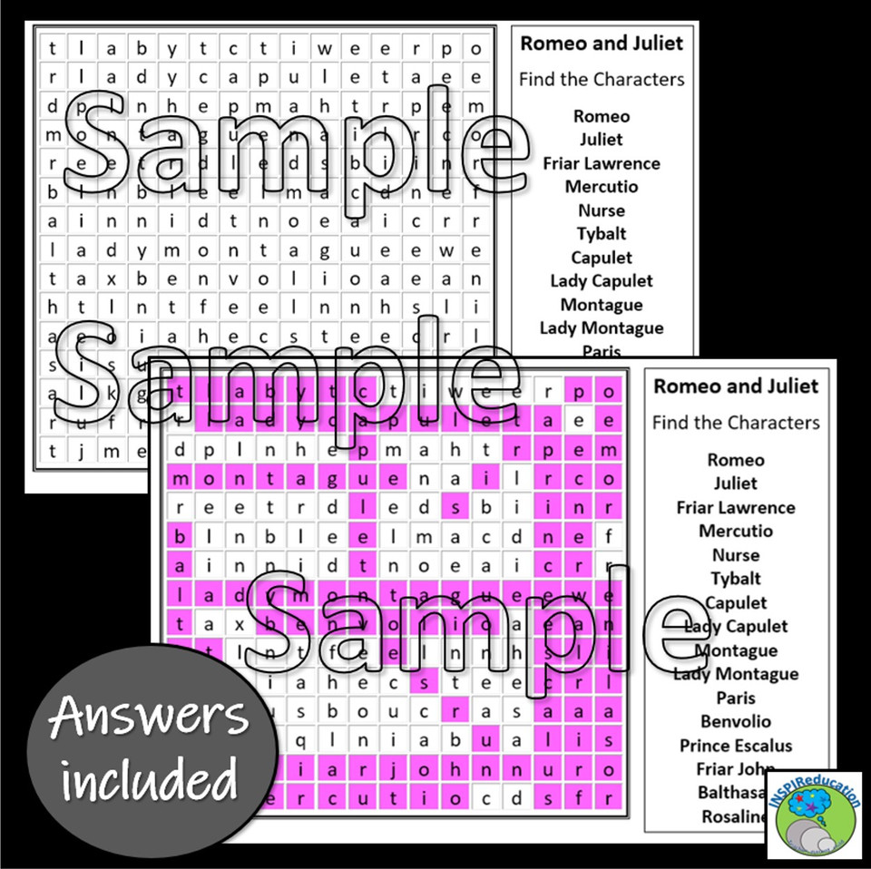 William Shakespeare Tragedies - Romeo and Juliet (Character Wordsearch ...