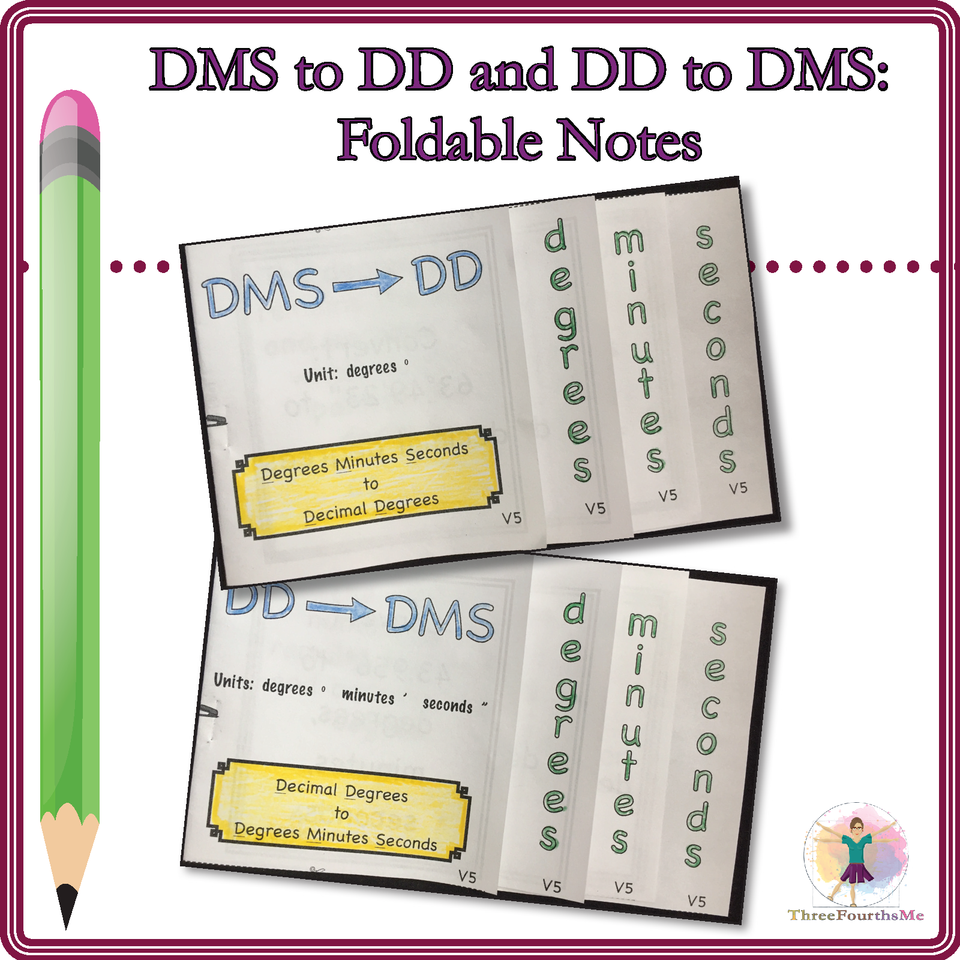 Degrees, Minutes, Seconds (DMS) and Decimal Degrees (DD) Foldable Notes ...