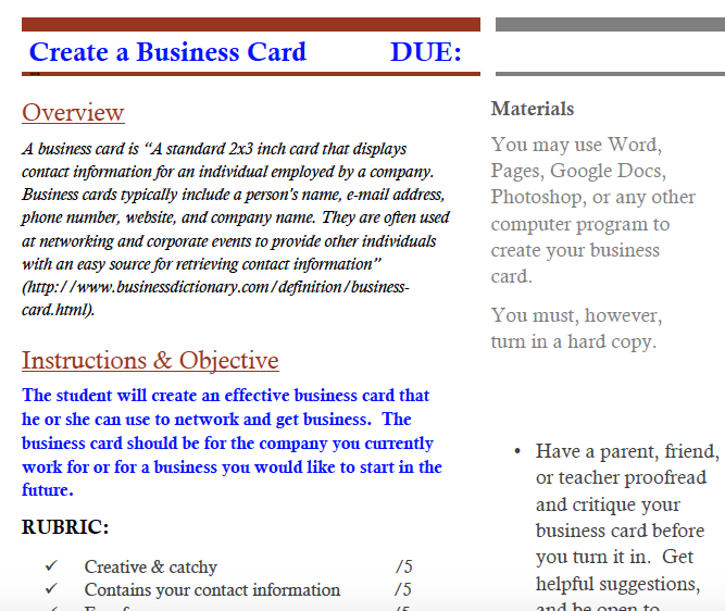 Create a Business Card Assignment - Amped Up Learning