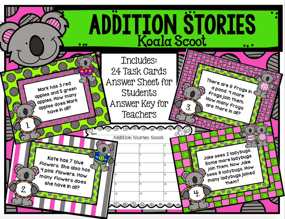 Addition Stories Koala Scoot Task Cards - Amped Up Learning