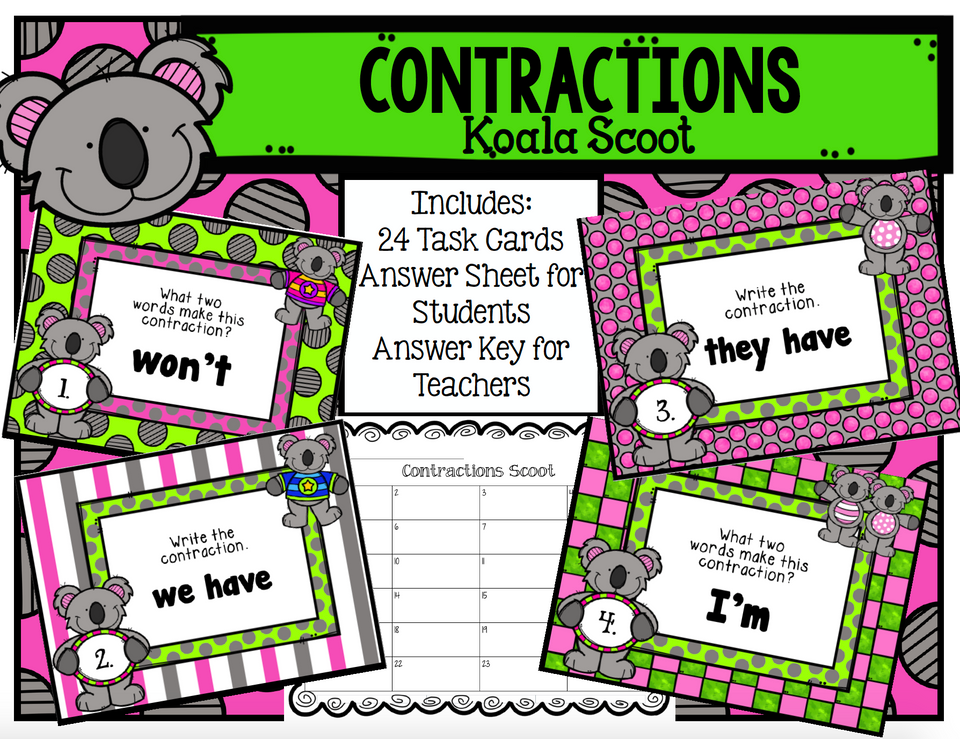 Contractions Koala Scoot Task Cards - Amped Up Learning