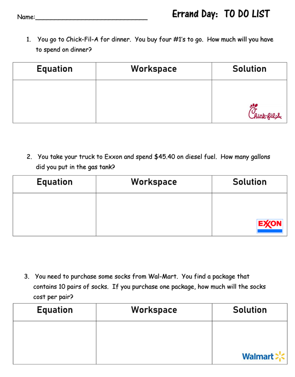 Errand Activity Multiplication of Decimals, Division of Decimals