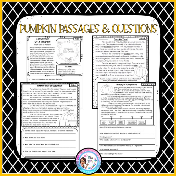 Four Pumpkin Passages & Questions - RI.2.4, RI.2.5, RI.2.6 - Amped Up ...