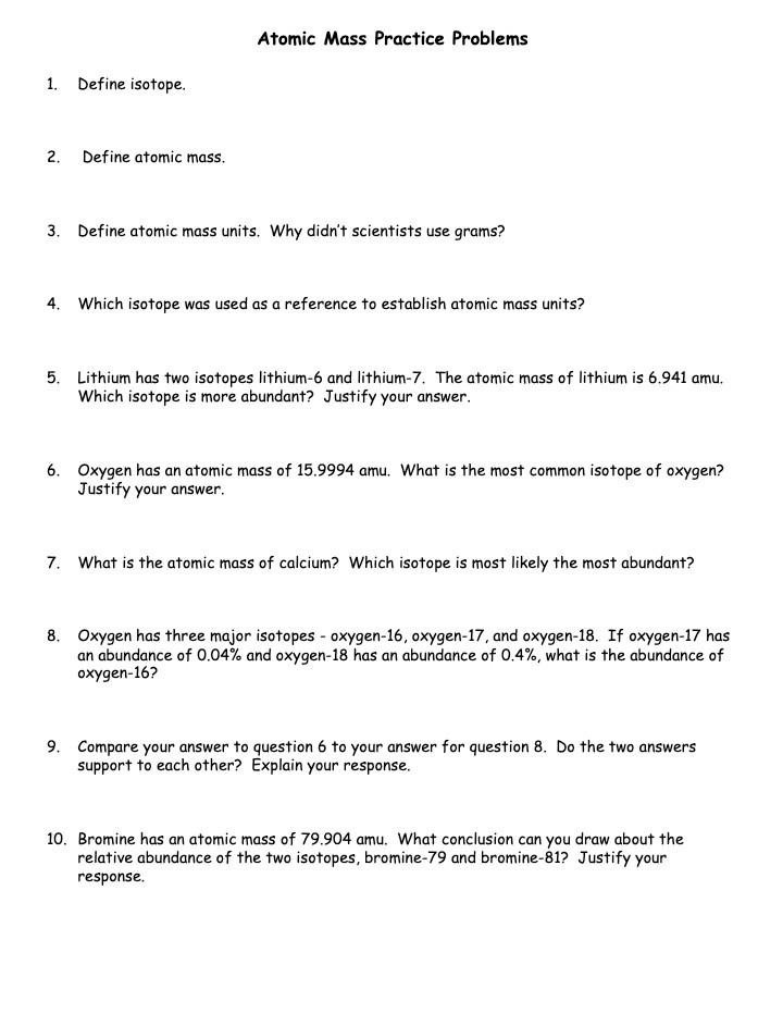 Atomic Mass Worksheet - Amped Up Learning