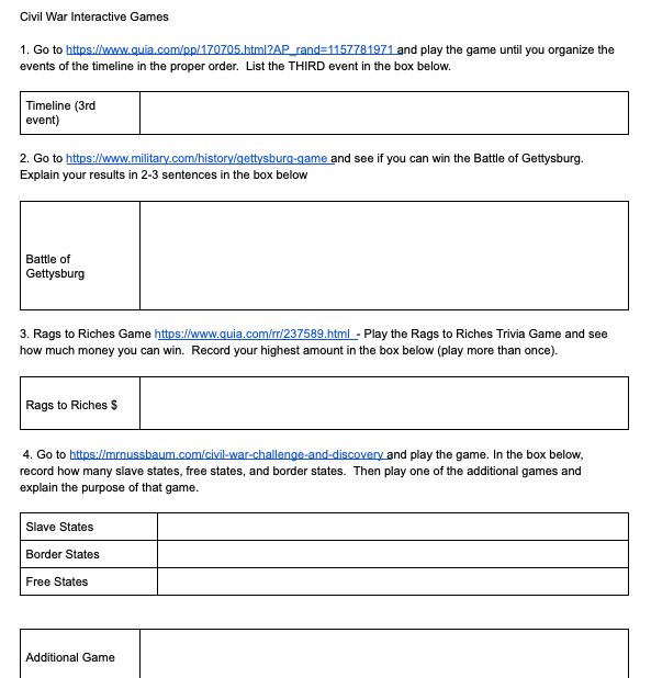 Civil War Interactive Games