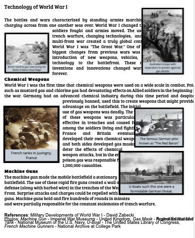 Technology of World War I Reading and Worksheet