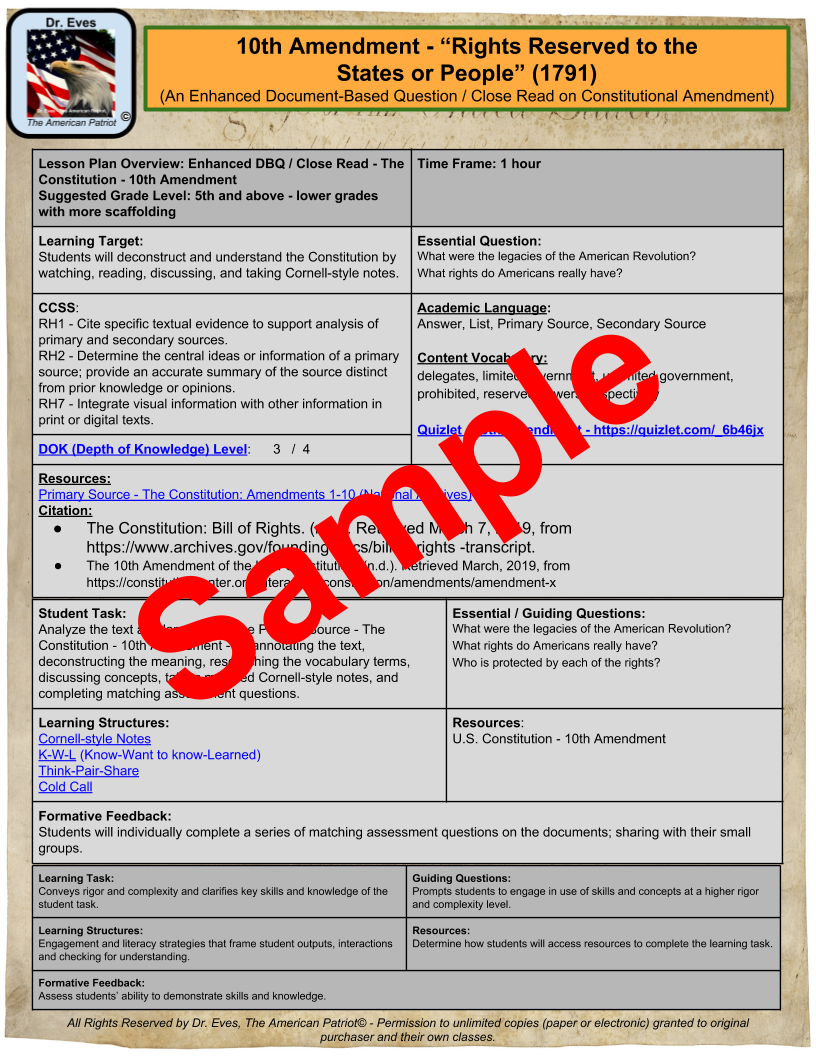 9th Amendment - "Rights of the People" - Enhanced DBQ - Close Read (PDF)
