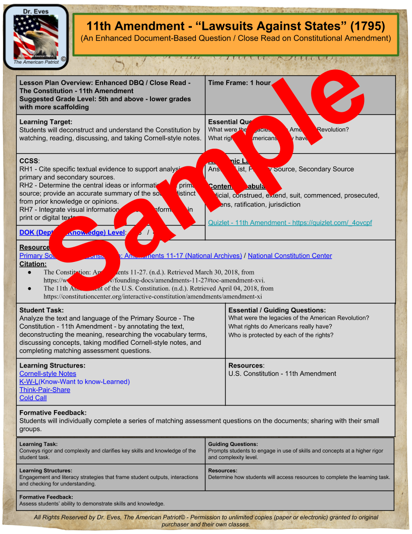11th Amendment - "Lawsuits Against States" - Enhanced DBQ - Close Read ...