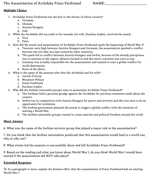 The Assassination of Archduke Franz Ferdinand Reading and Worksheet