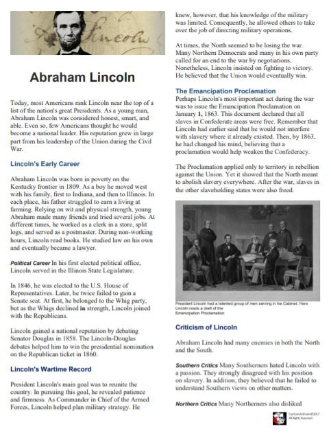 Abraham Lincoln Text Reading with Student Questions - Amped Up Learning