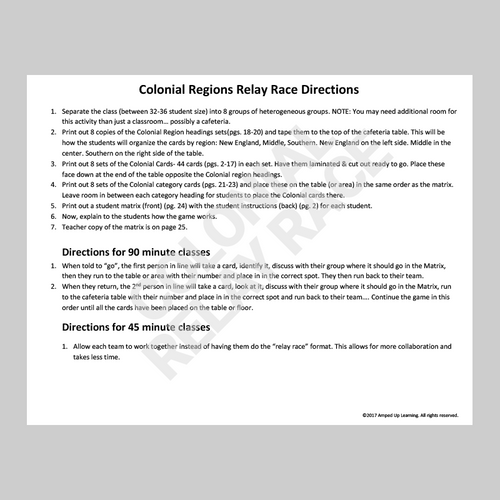 Thirteen Colonies - Colonial Regions Relay Race