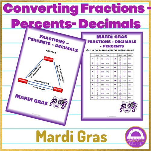 Mardi Gras Converting Fractions Decimals Percents Activity - Amped Up ...
