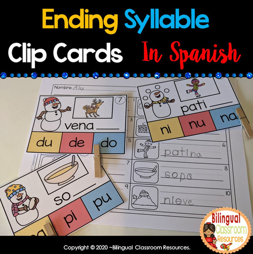 Ending Syllables Clip Cards in Spanish-La Sílaba Final