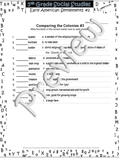 Comparing the New Colonies~Match'Em Vocab #3~Social Studies Weekly~NO ...