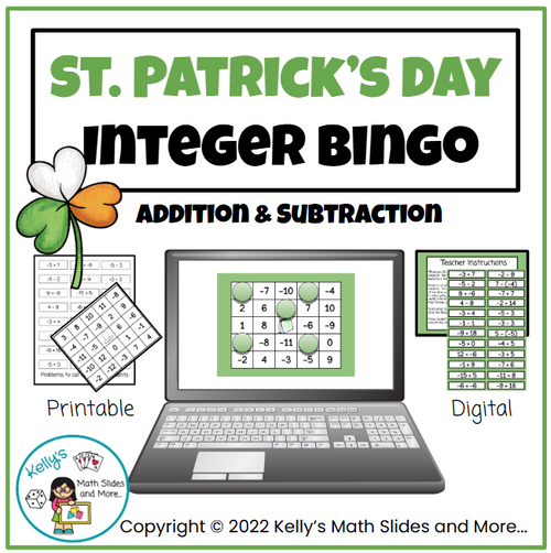 St. Patrick's Day Integer Bingo - Addition and Subtraction - Digital ...