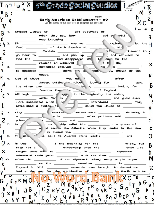 Early American Settlements Cloze/Fill In Blank #2~Social Studies Weekly ...