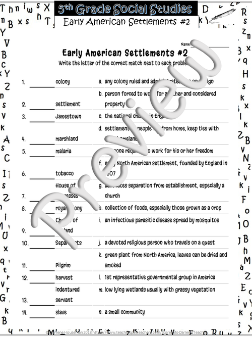 Early American Settlements~Match'Em Vocab #2~Social Studies Weekly~NO PREP