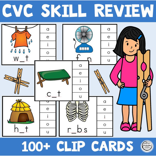 CVC Words, Short Vowels Clip Cards