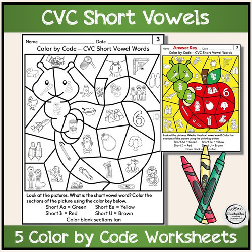 Color by Code Worksheets CVC Short Vowel