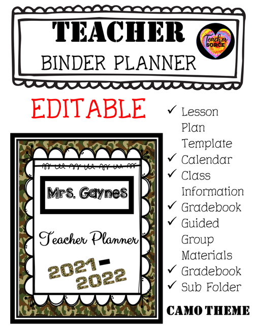 Editable Teacher Binder Planner Camouflage Themed - Amped Up Learning