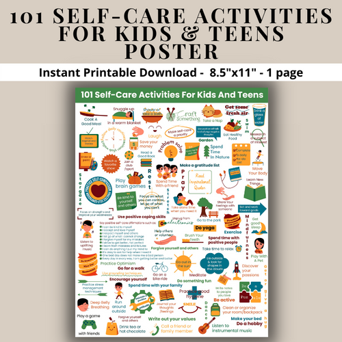 Self-Care Coping Skills-Kids & Teens-101 SELF-CARE ACTIVITIES Poster ...
