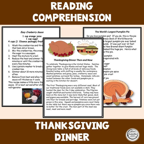 Reading Comprehension Worksheets and Literacy Center, Thanksgiving Dinner
