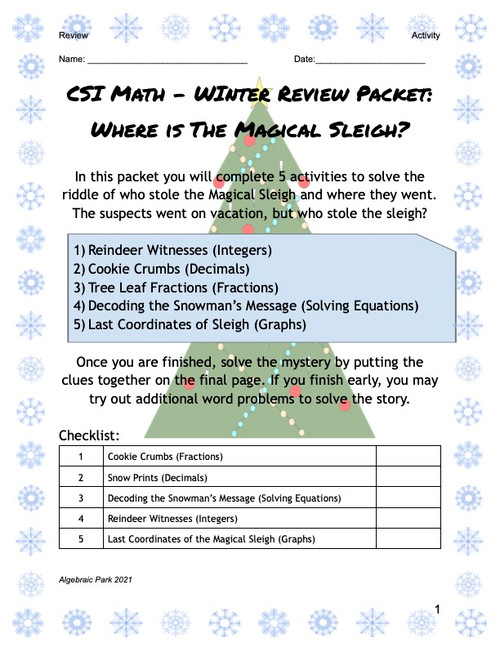 CSI Math - Winter Review Packet: Where is the Magical Sleigh? No Prep ...