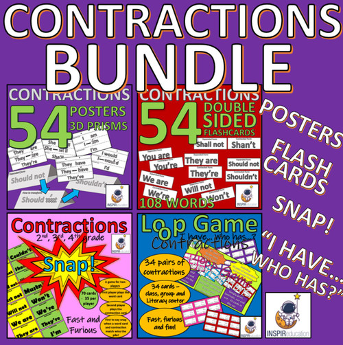 ELA CONTRACTIONS BUNDLE: 54 Posters, 54 Flashcards, Snap Game, I have ...