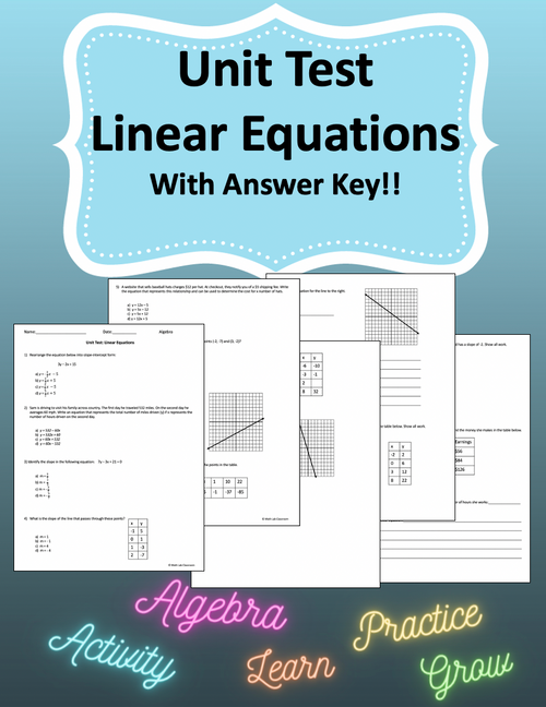 Linear equations unit test, assessment
