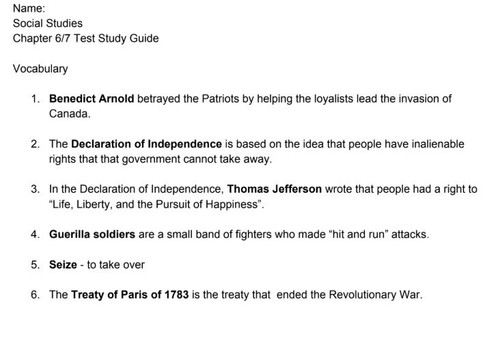 Modified Social Studies Test/Study Guide - Creating America Textbook ...