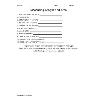 Measuring Length and Area in Geometry Vocabulary Word Scramble - Amped ...