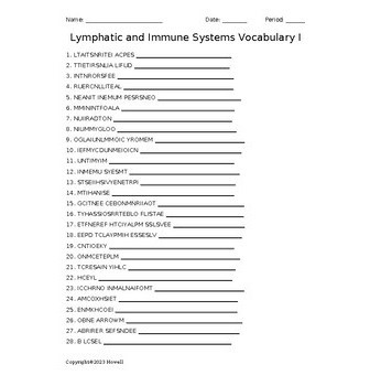 Lymphatic and Immune Systems I Word Scramble for a Medical Terminology ...