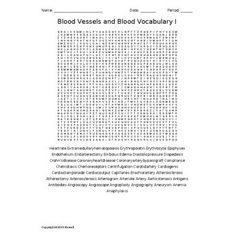 Blood Vessels and Blood Vocabulary I Word Search for Medical ...