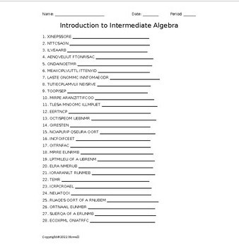 Introduction to Intermediate Algebra Vocabulary Word Scramble - Amped ...