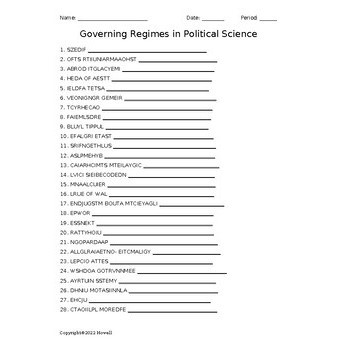 Governing Regimes in Political Science Vocabulary Word Scramble - Amped ...