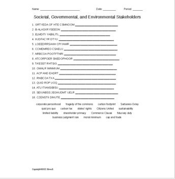 Societal, Governmental, and Environmental Stakeholders Vocabulary Word ...