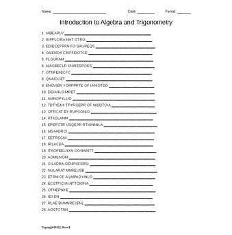 Introduction to Algebra and Trigonometry Vocabulary Word Scramble ...
