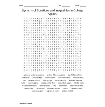 Systems of Equations and Inequalities in College Algebra Vocabulary ...